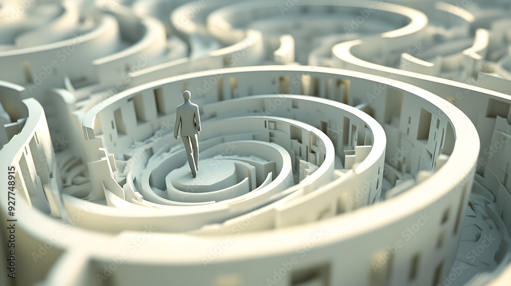 The image depicts a close-up view of a circular 3D maze, symbolizing ...