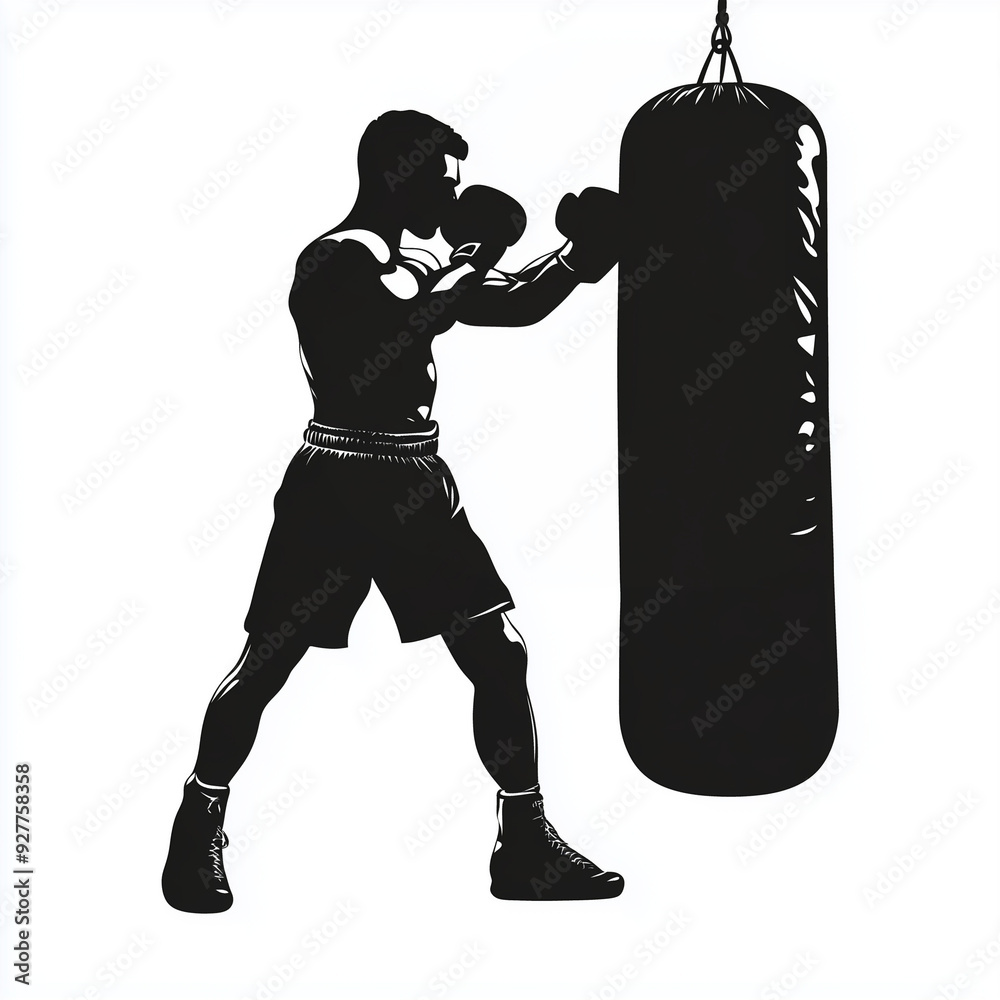 A focused boxer trains intensely with a heavy bag, delivering powerful ...