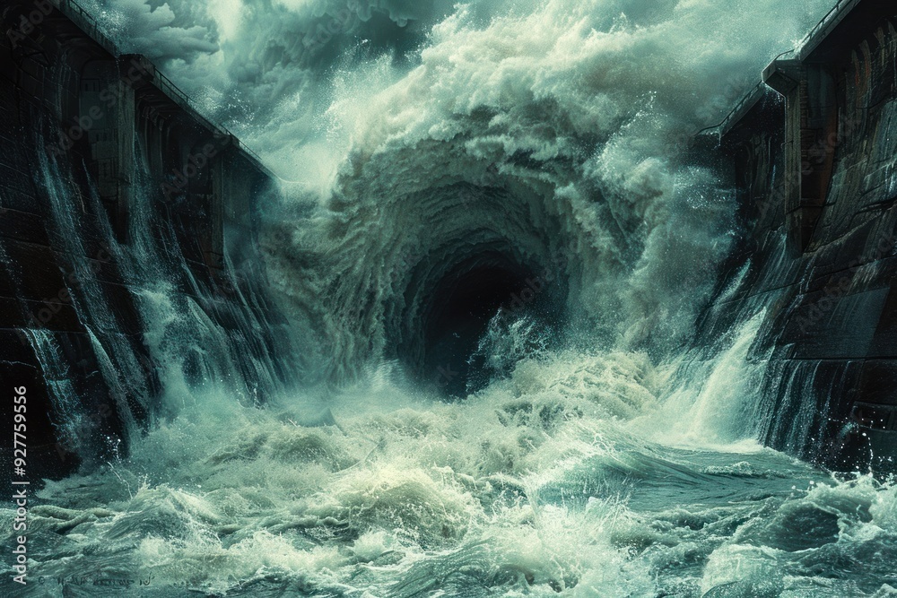 Rapid water flow and a turbulent vortex form beneath a dam's spillway ...