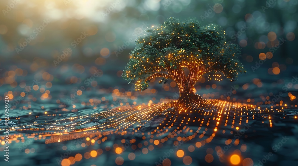 A surreal CPU-based digital tree with branching data lines, double ...