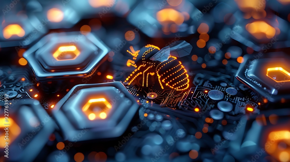CPU resembling a digital beehive, with hexagonal cells and glowing data ...