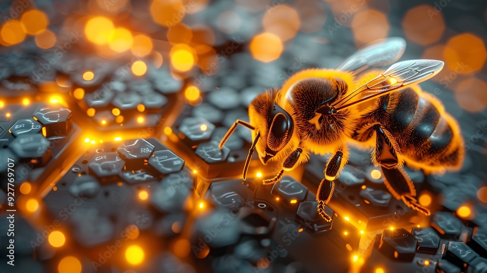 Surreal CPU designed as a beehive with hexagonal cells, data packets as ...