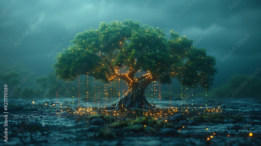 Surreal digital tree with a CPU trunk and data branches, double ...