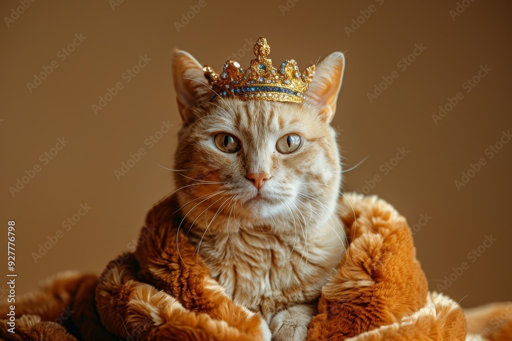 Cat in a Crown: A regal orange tabby cat, adorned with a golden crown ...