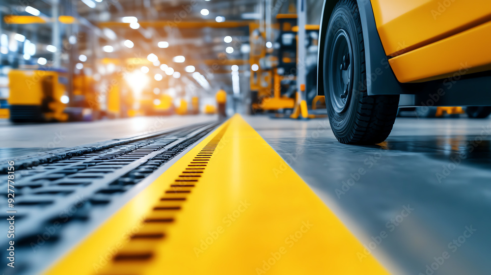 Industrial warehouse interior with a focus on yellow guiding lines ...