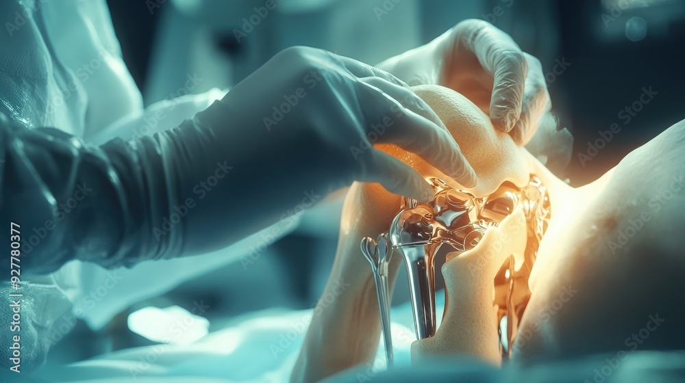 Surgeons perform a hip replacement procedure, carefully fitting the ...