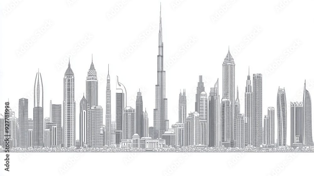 There is one continuous line drawing of Dubai city skyline in the ...
