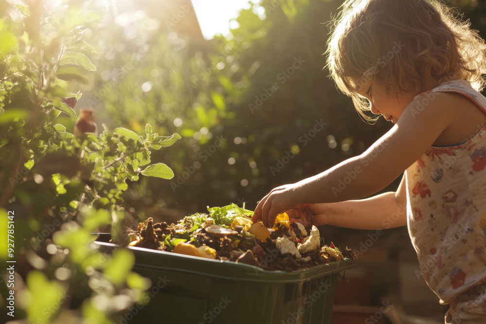 Young girl is adding food scraps to a compost bin in a sunny garden ...