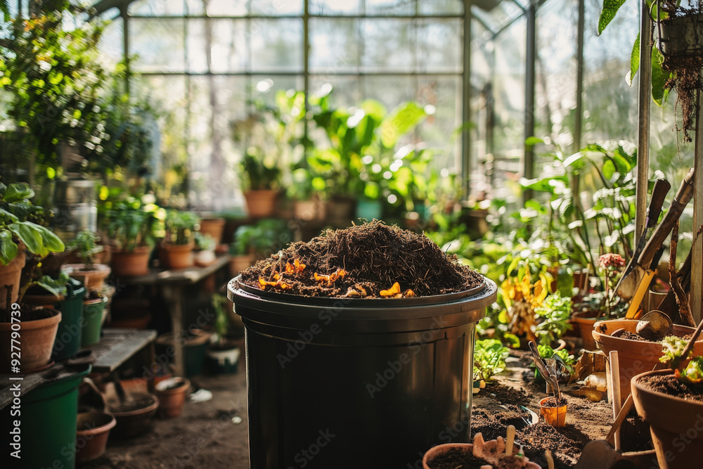 Large container overflowing with compost sits inside a greenhouse ...