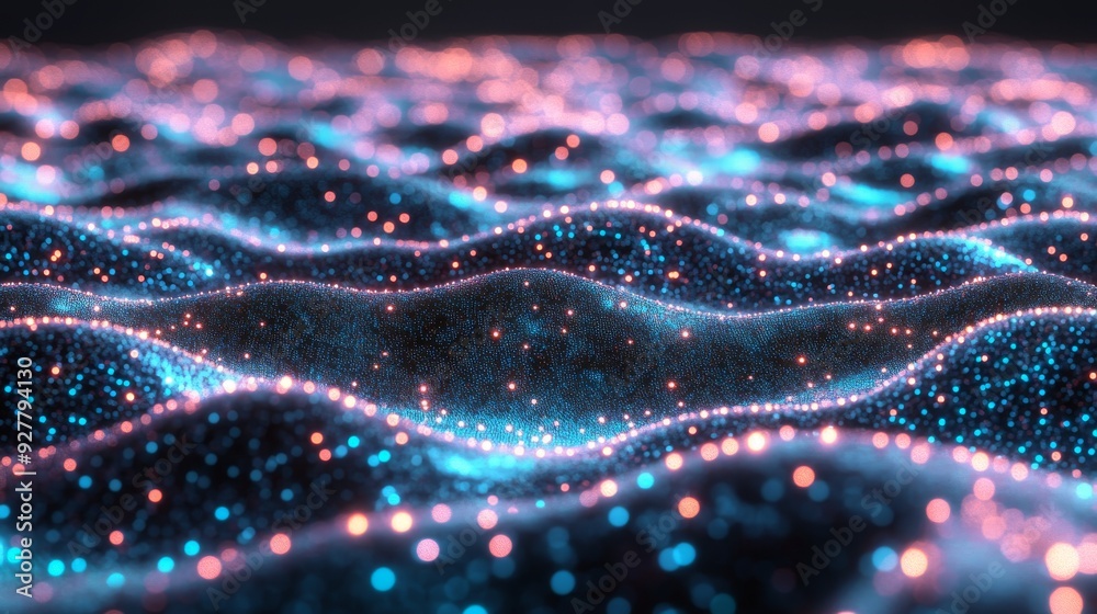 This big data visualization shows abstract streams of information, ball arrays, and binary code ...