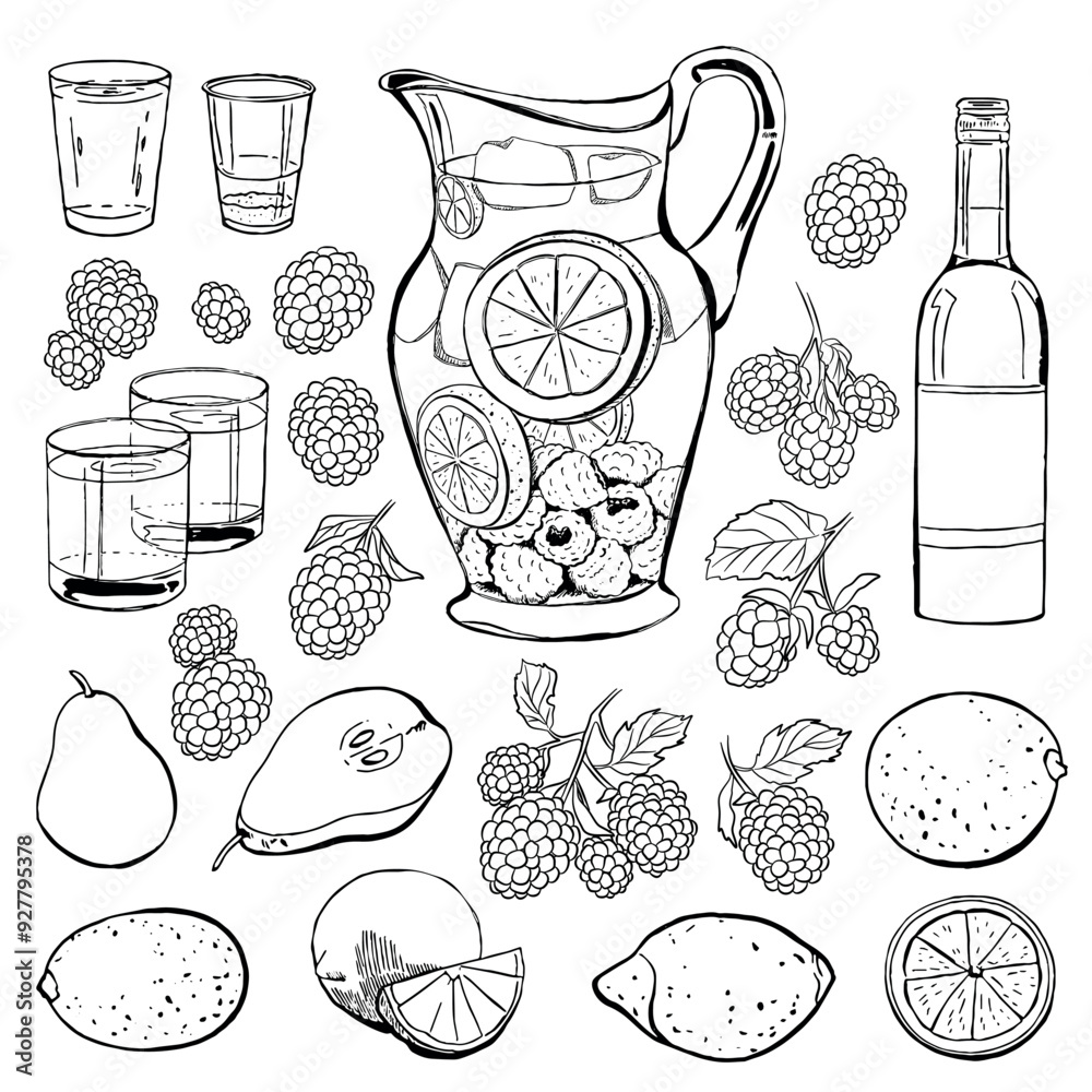 Drink refreshments with fruits and berries set. Raspberry and lemon ...