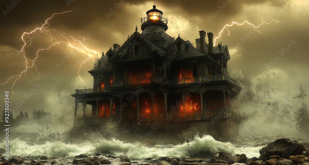 Mysterious Haunted Mansion On A Stormy Night With Eerie Glow Amidst Raging Sea And Lightning