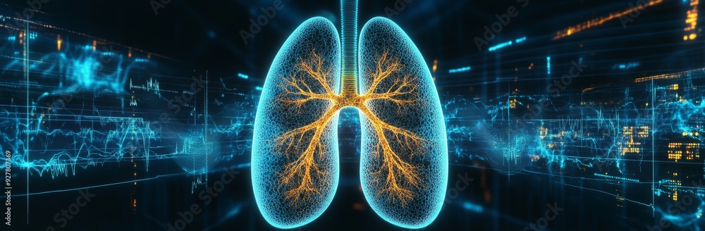 Backdrop with a futuristic glowing organ hologram and transparent white ...