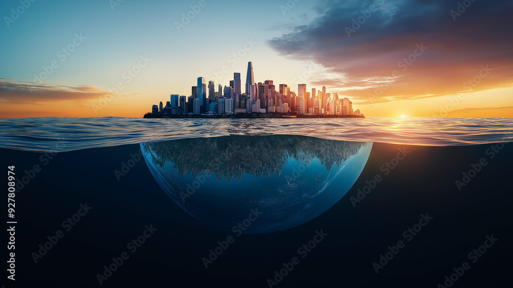 City building on earth and rivers or oceans with rising water levels ...