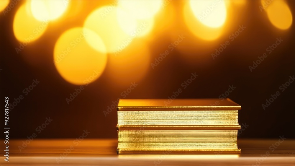 stack of golden books on table on golden background. Free space. Empty ...