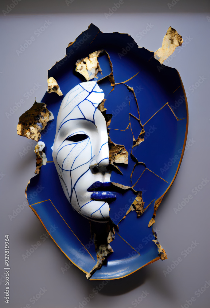 shows a ceramic mask repaired using the kintsugi technique. Half of the ...