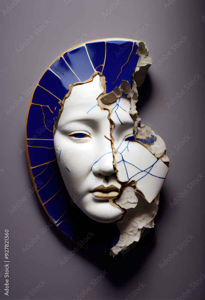 shows a ceramic mask repaired using the kintsugi technique. Half of the ...