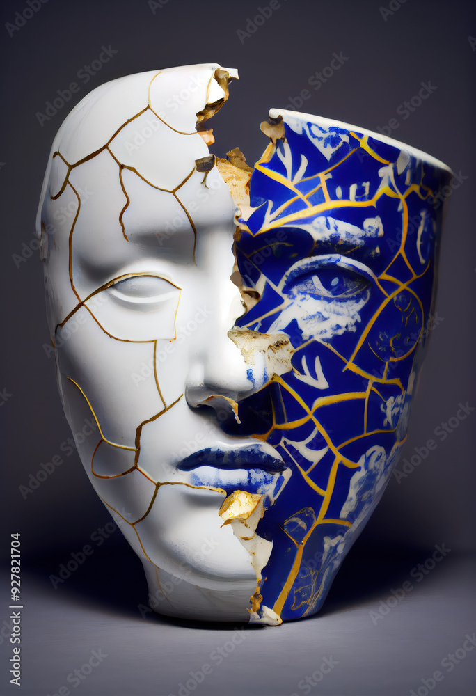 shows a ceramic mask repaired using the kintsugi technique. Half of the ...