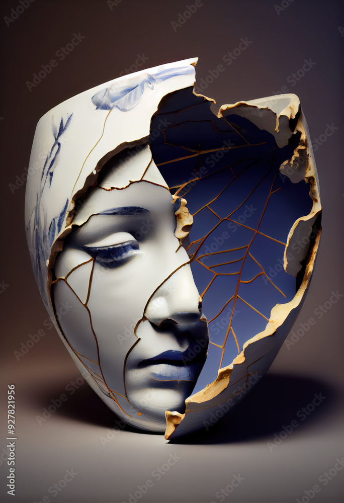 shows a ceramic mask repaired using the kintsugi technique. Half of the ...