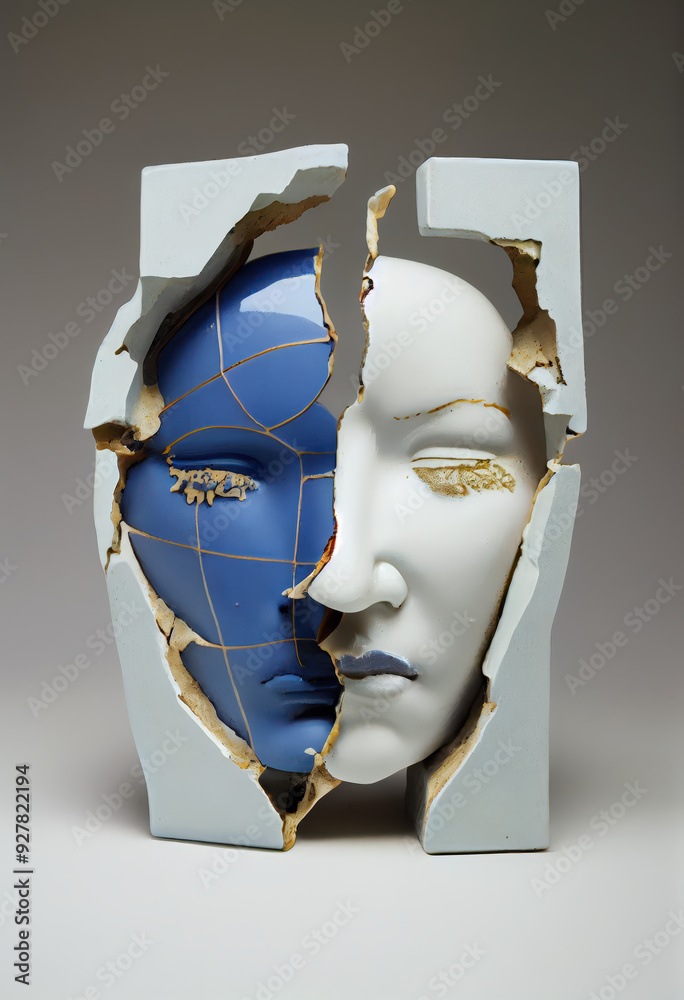 shows a ceramic mask repaired using the kintsugi technique. Half of the ...