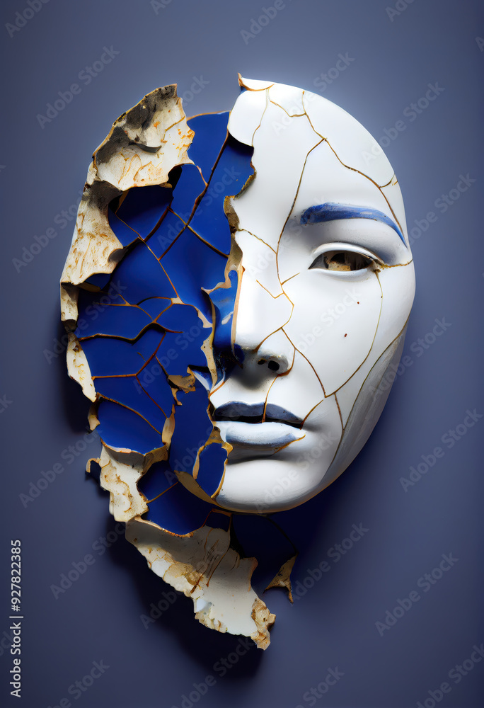 shows a ceramic mask repaired using the kintsugi technique. Half of the ...