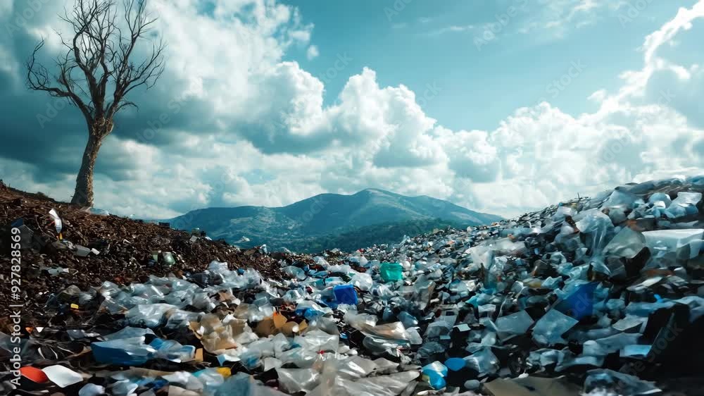 Landfill with scattered trash and plastic waste. Environmental ...