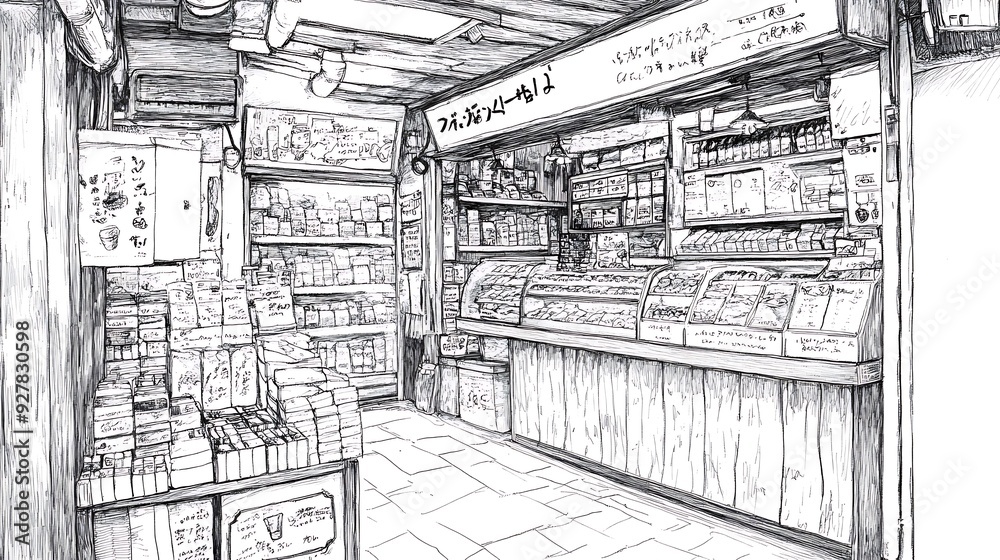 Black and white sketch of a Japanese convenience store interior. Stock ...