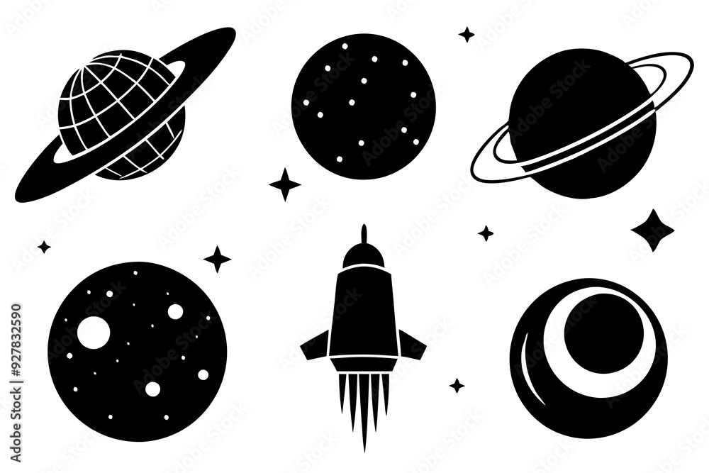 Set of 6 Space Object Silhouette Vectors: Planet, Moon, Asteroid, Comet ...
