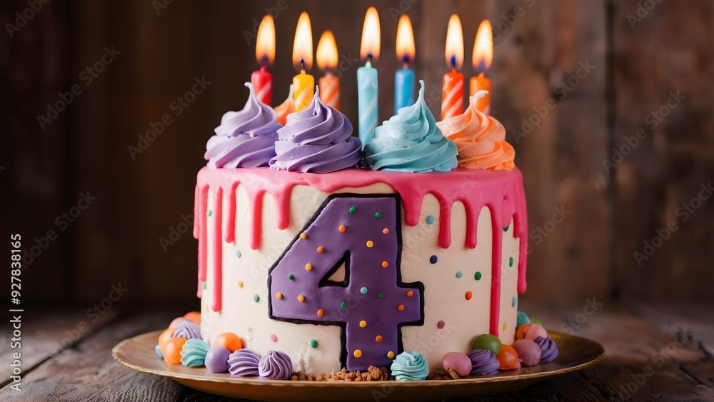 Charming Fourth Birthday Cake with Pink Drip, Polka-Dotted Number Four ...