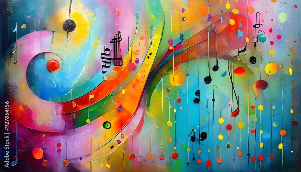Colorful abstract paintings with musical themes show the combination of ...