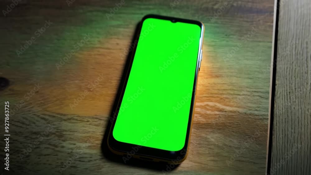 Mobile phone with empty green screen on office table. Smartphone screen ...