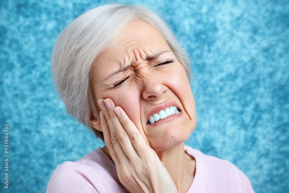 Older woman wincing in pain, holding her cheek due to a toothache ...