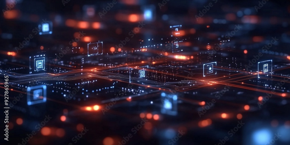 Futuristic Digital Data Flow With Glowing Elements And Circuit Board Details Highlighting
