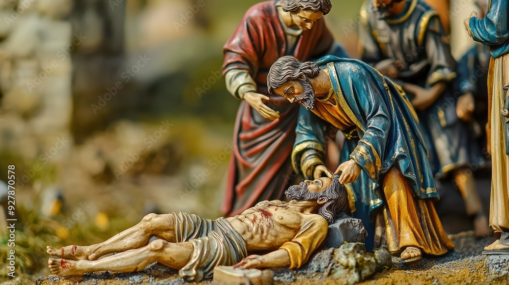 Compassionate depiction of the Parable of the Good Samaritan, showing ...