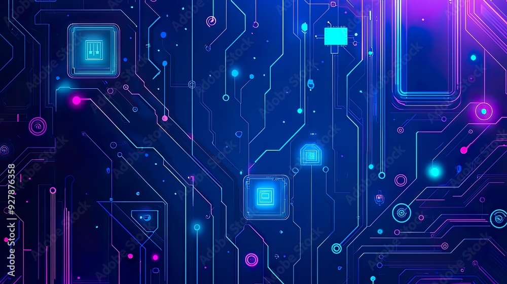 2d flat UI design, noen blue and purple gradient colored circuit lines ...