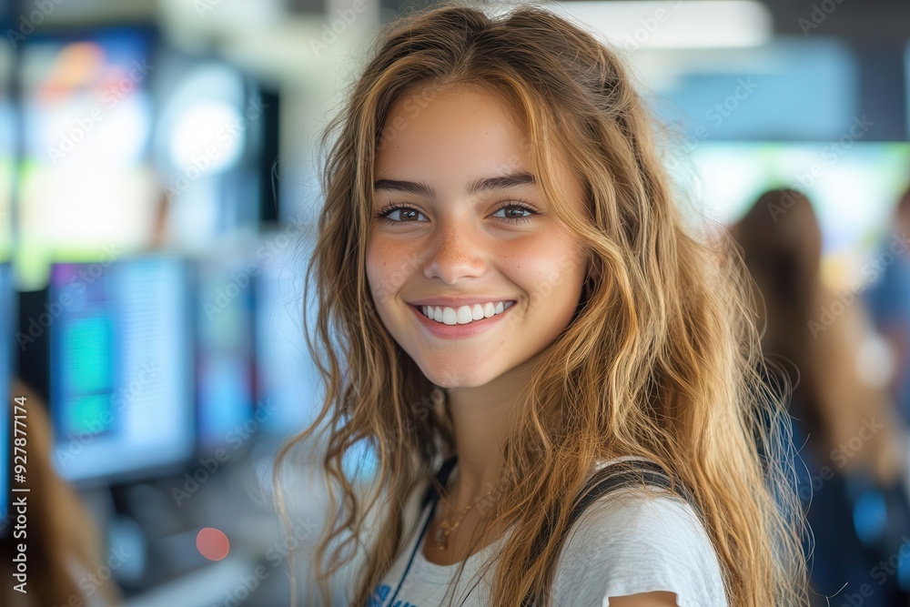 cheerful female student in modern computer lab warm lighting highlights ...