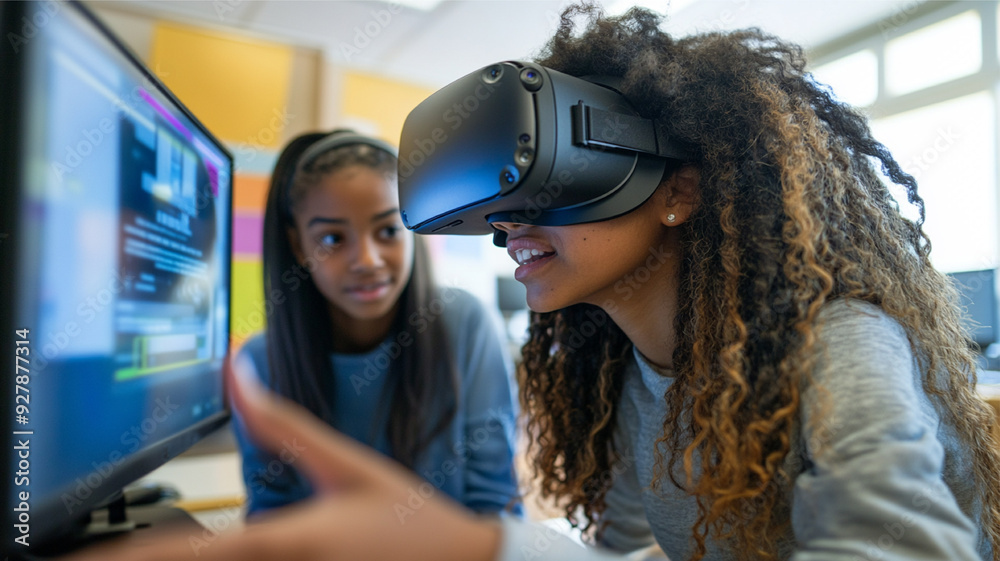 Schoolgirl wearing a VR headset, fully immersed in a virtual learning ...