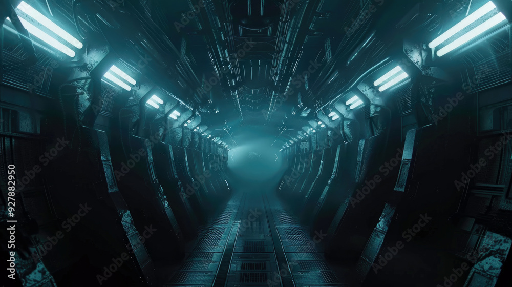 Dark spooky interior of futuristic alien spaceship, scary corridor ...
