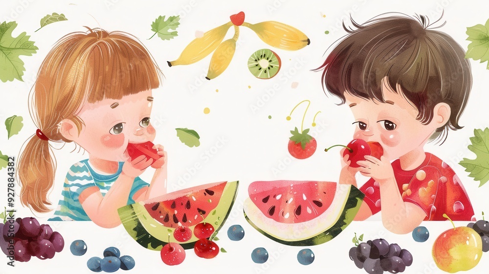Cartoon flat vector drawing of a boy and a girl eating seasonal fruits ...