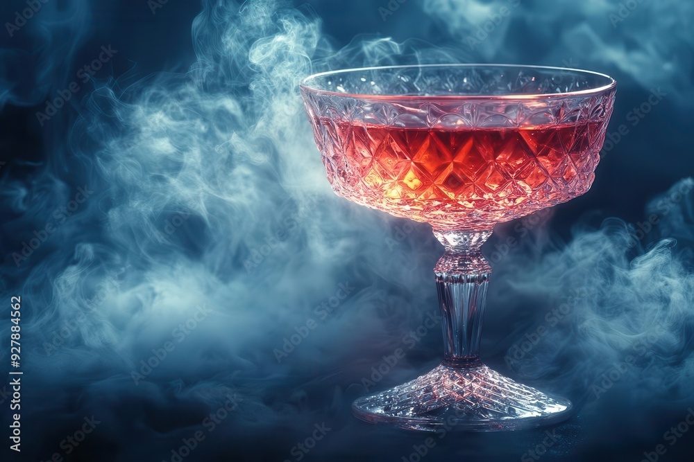 crimson liquid cascading into crystal goblet enveloped by wisps of ...