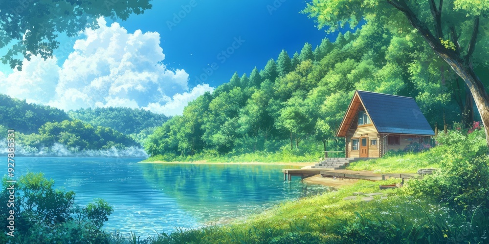 anime-style Enchanted Lakeside Cabin: A Tranquil Summer Retreat Amidst ...