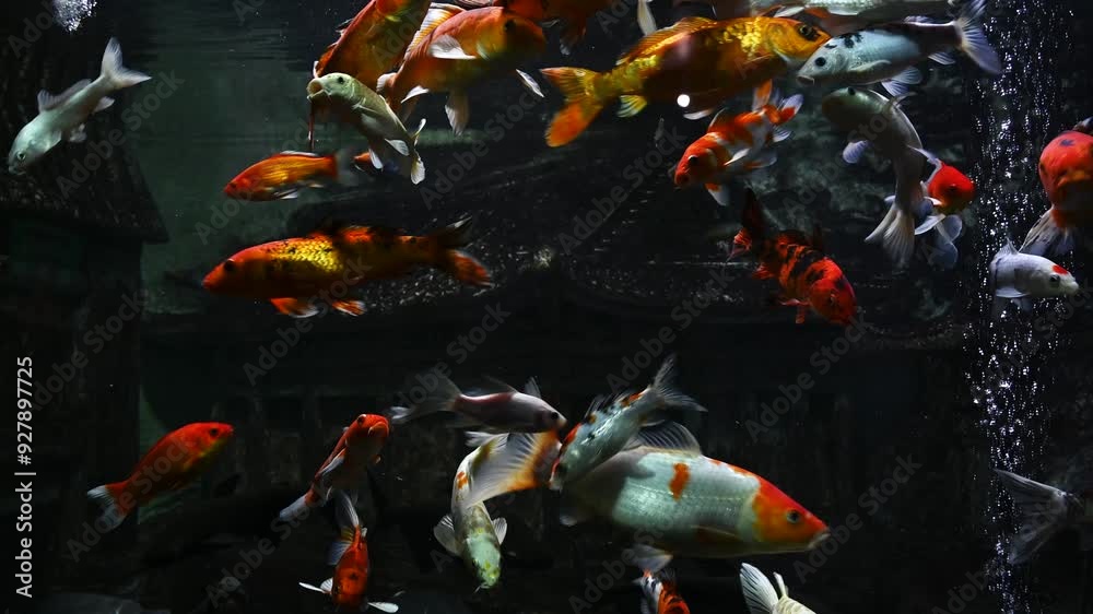 Koi fish, Chinese carp in an aquarium swim beautifully on a black ...