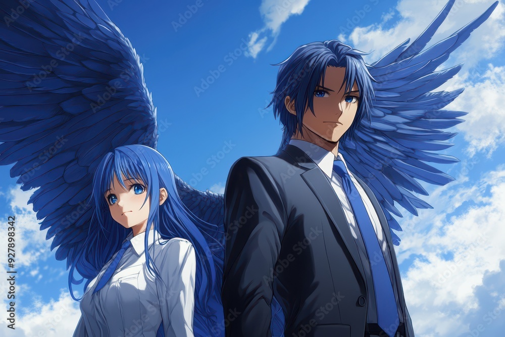 Anime-style illustration of a male and female business duo with large ...