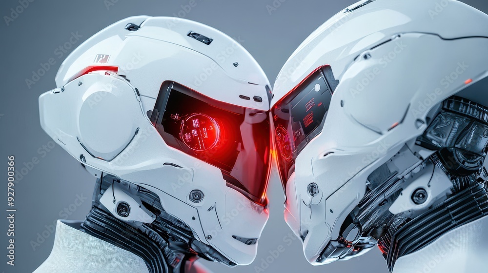 Futuristic robot heads in a tense face-off, showcasing advanced design ...