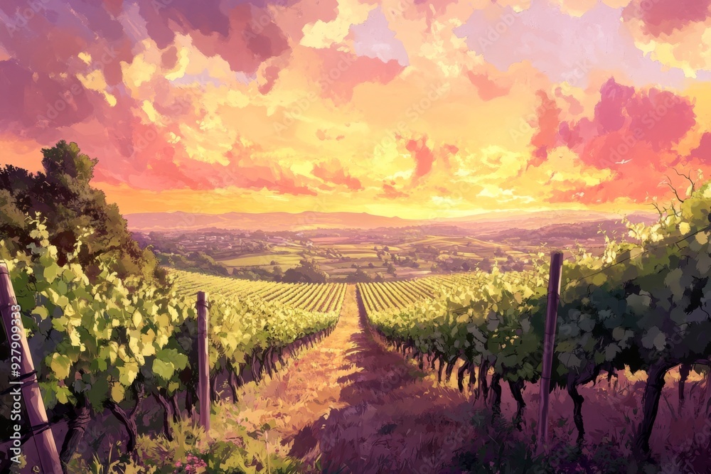 Sunset Enchantment in an anime-style Vineyard: A Tranquil Vineyard ...