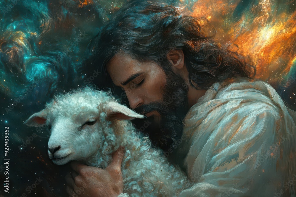 jesus embracing cosmic lamb amidst starry nebula divine light ethereal ...