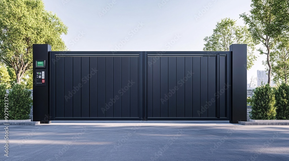 Modern black metal gate closing private property entrance Stock Photo ...