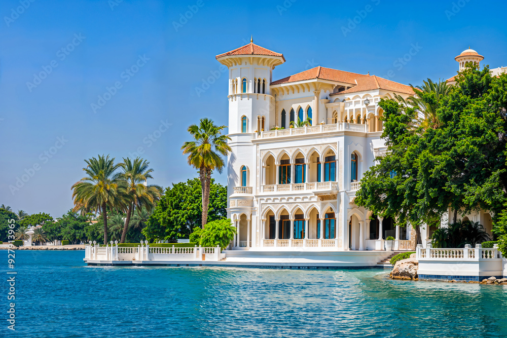 Modern Arabic Middle East style waterfront luxury mansion, white facade ...