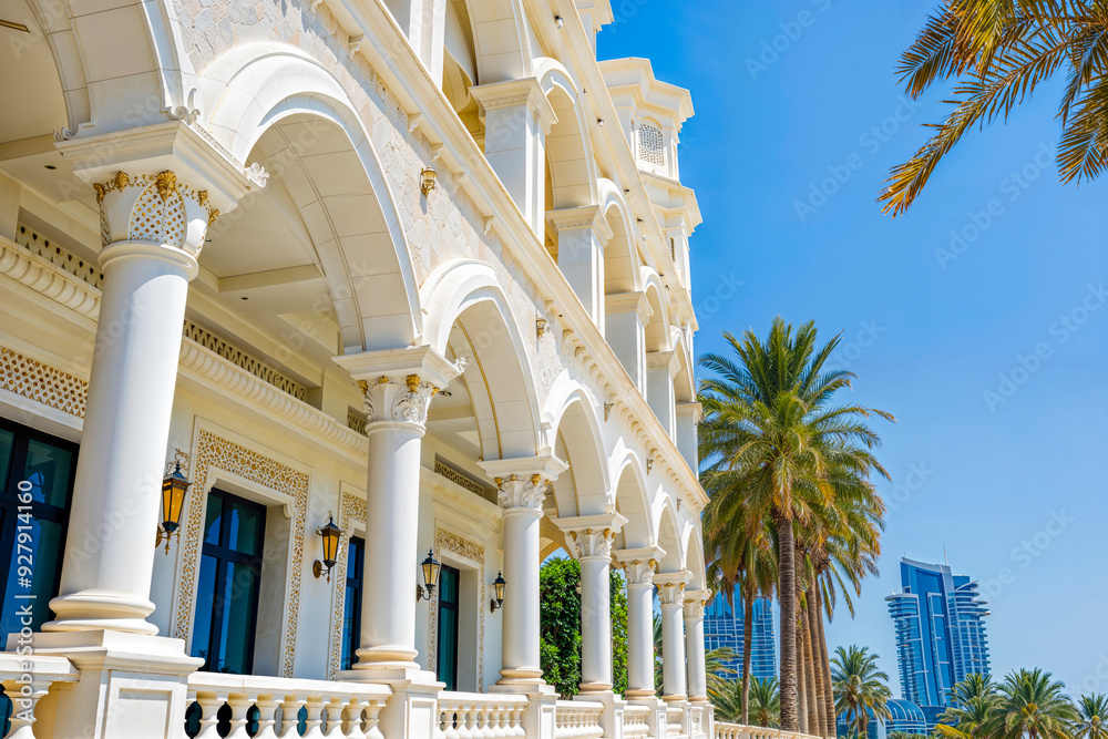 Arabic Middle East architecture luxury building, white facade, arches ...
