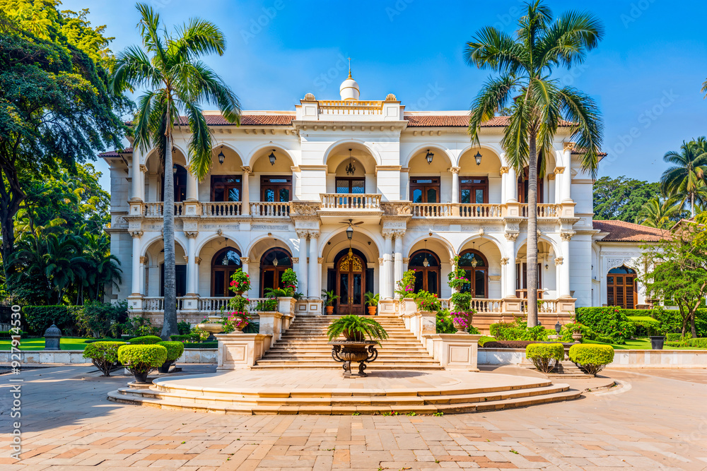 Colonial style India luxury estate home, arched windows, white facade ...